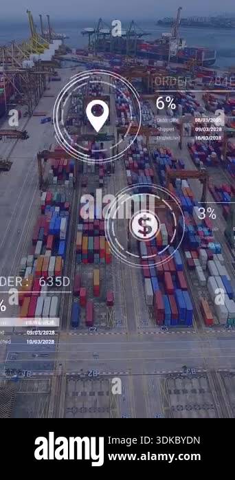 Animation of icons with data processing over shipyard. Global delivery ...
