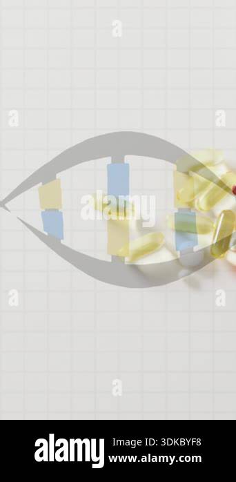 Animation of dna strand moving over container spilling pills and ...