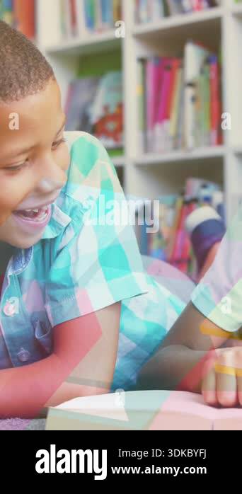 Animation of books moving over happy schoolboys reading book at school ...