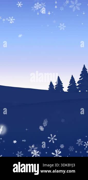Animation of snow falling over winter scenery with copy space ...