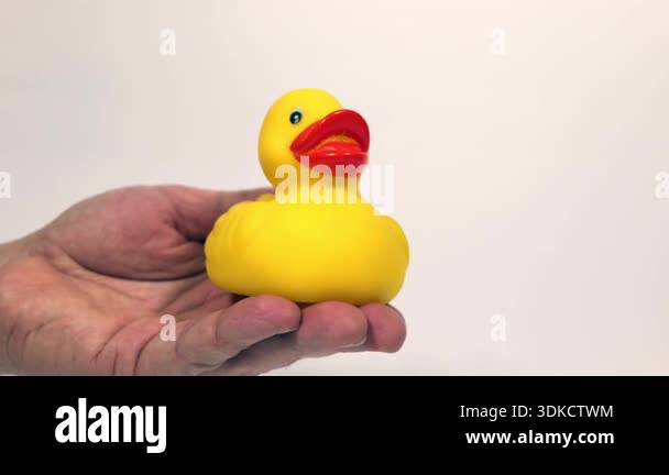 Human Hand Presents Yellow Rubber Duck Toy As Simple Playful Object On ...