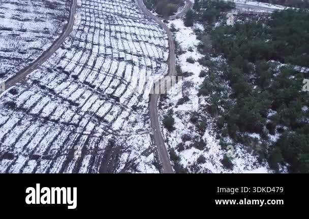 Top down view of a winding dirt road separating two different types of ...