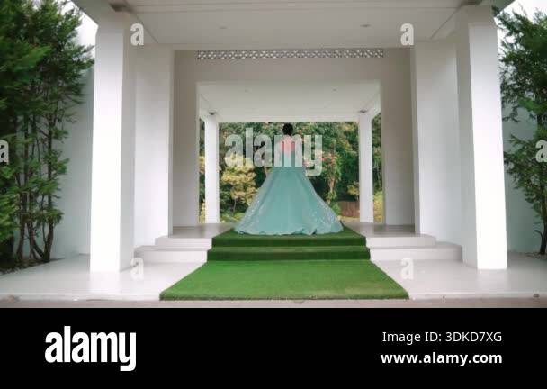 Rear view of a fashion model in a heavy beaded evening dress standing ...