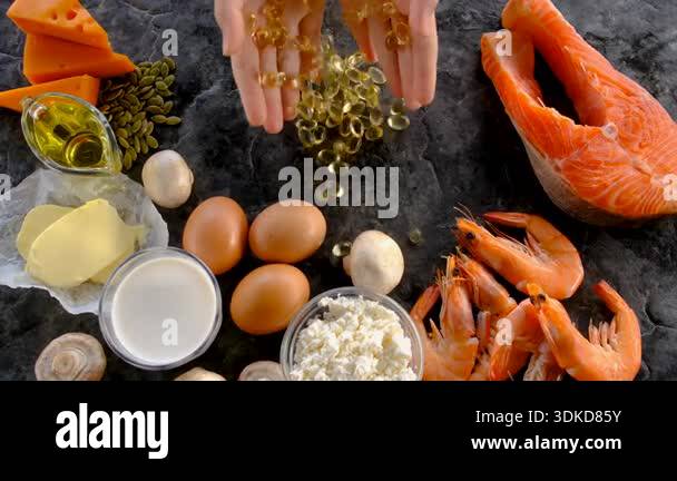 Foods containing vitamin D and omega 3. Selective focus Stock Video ...