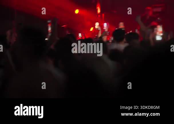 Blurry, handheld footage of a crowd dancing at a concert or rave ...