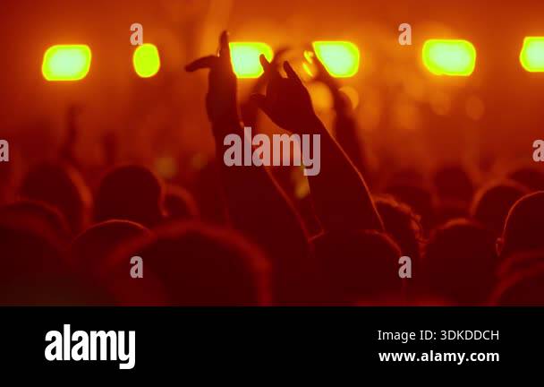 Video footage shows a crowd of silhouettes with hands in the air at a ...