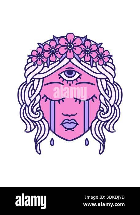 jiggle and pause animation of iconic tattoo style image of female face ...