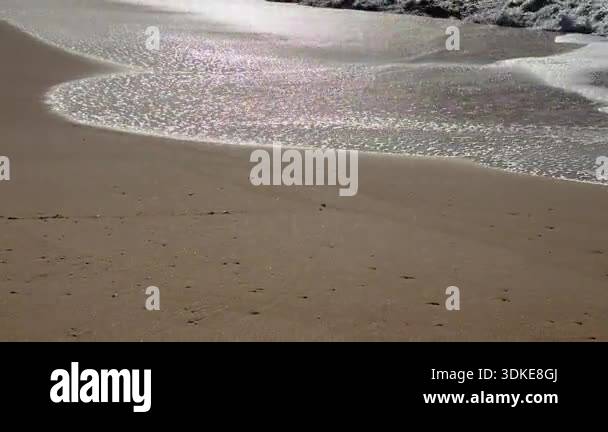 Close-up wave crashes onto the sand on a beach at golden sunset. Wavy ...