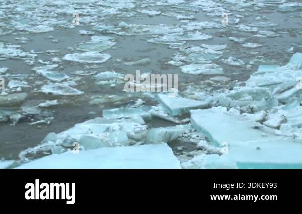Icy river scene emphasizing winter and low temperature. Cold season ...