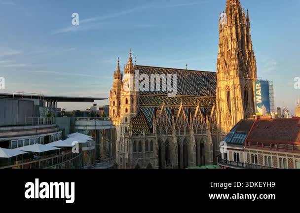 Vienna Stephansdom cathedral aerial skyline. Vienna gothic spire on ...