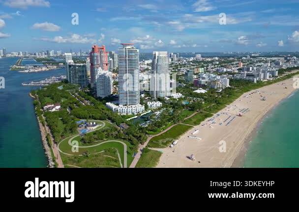 Miami shoreline along South Point. Miami drone view with skyscrapers ...