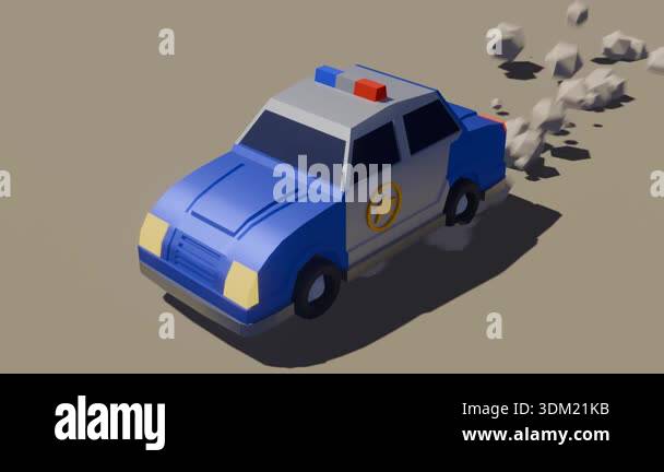 3D animation of a low poly police car driving on dusty ground with ...