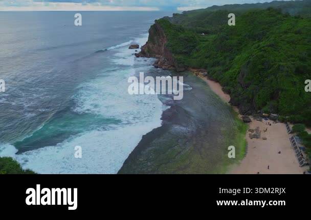 Aerial drone view of Ngobaran Beach, Gunung Kidul, Yogyakarta, a ...