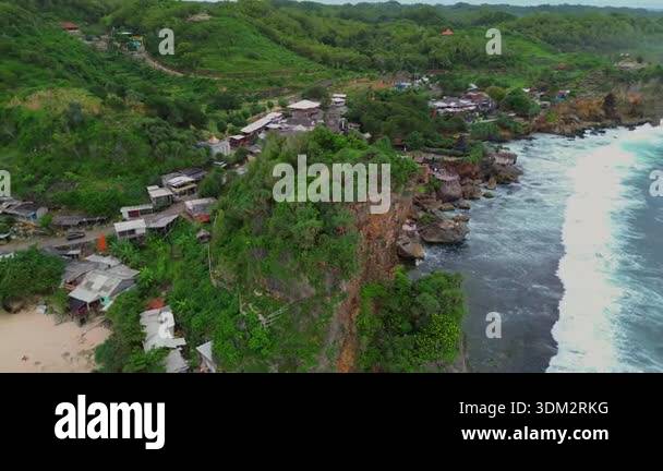 Aerial drone view of Ngobaran Beach, Gunung Kidul, Yogyakarta, a ...
