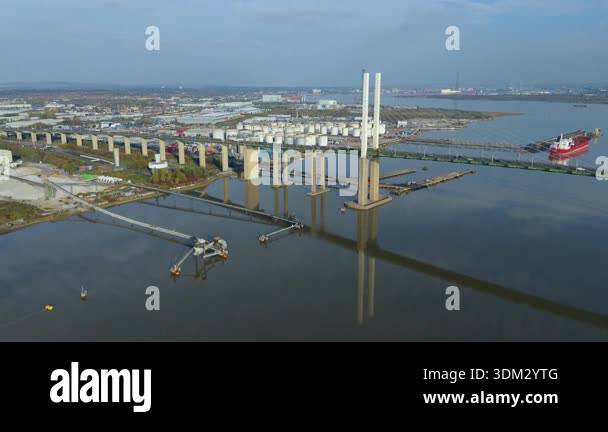 Sweeping aerial view of Purfleet industrial district and Thames port ...