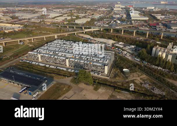Sweeping aerial view of Purfleet industrial district and Thames port ...