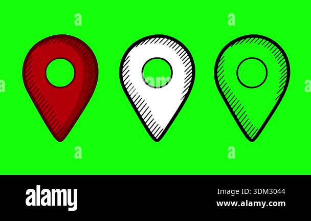 professional 2d animation of three hand drawn gps map pointers. doodle ...