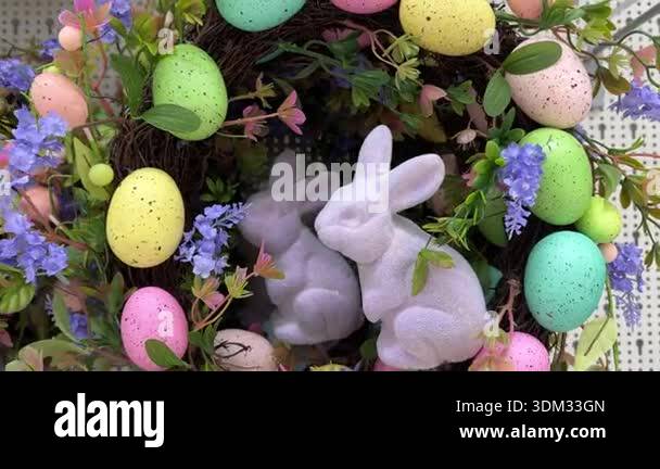 Easter Spring Wreath With Pastel Eggs Flowers And Cute Bunny Decor in ...