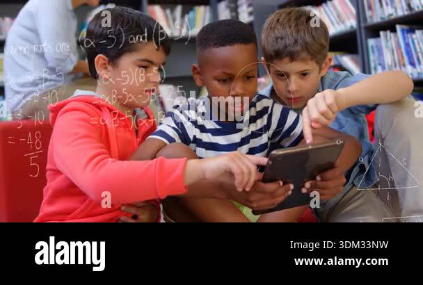 Three children tapping tablet and initiating floating math formulas for ...