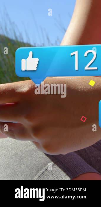 Animation of social media icons falling over person using smartphone ...