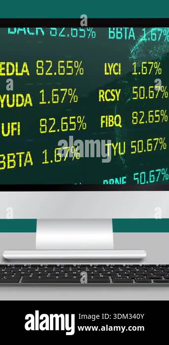 Animation of financial data processing on computer screen on desk ...