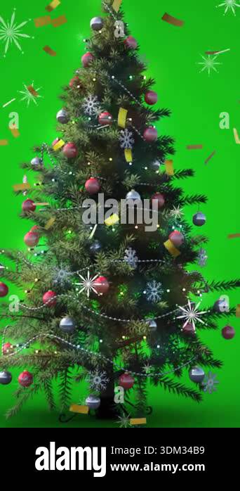 Animation of christmas tree and confetti falling over snow falling ...