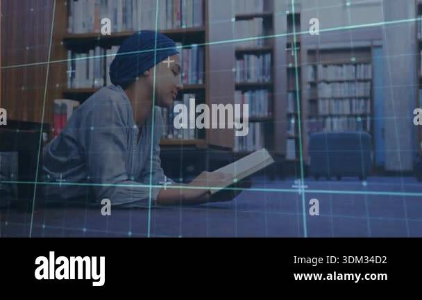 Woman reading book when overlay appears scanning pages for education ...