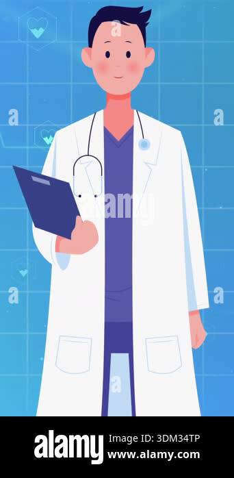 Animation of medical icons with doctor with clipboard on blue ...