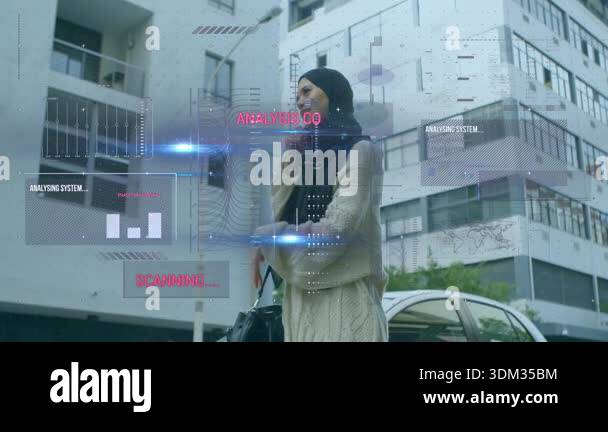 woman using smartphone initiating tech overlay parsing data tapping ...