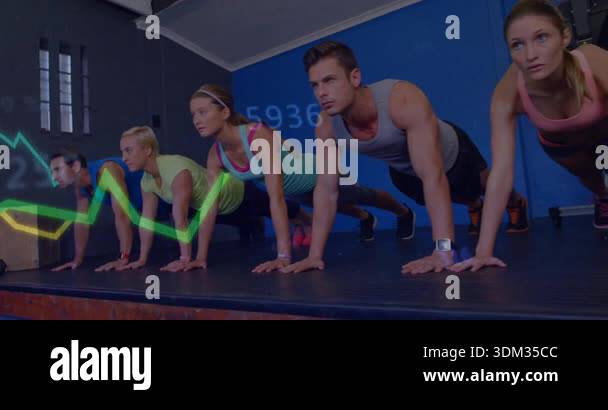 Fitness group initiating push-up sequence on raised platform, animating ...