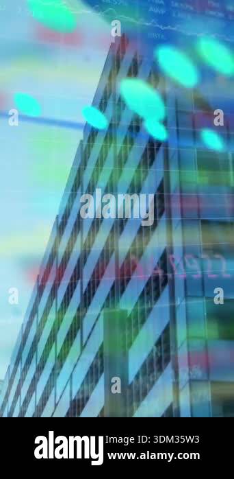 Animation of financial data over buildings and world map. Global ...