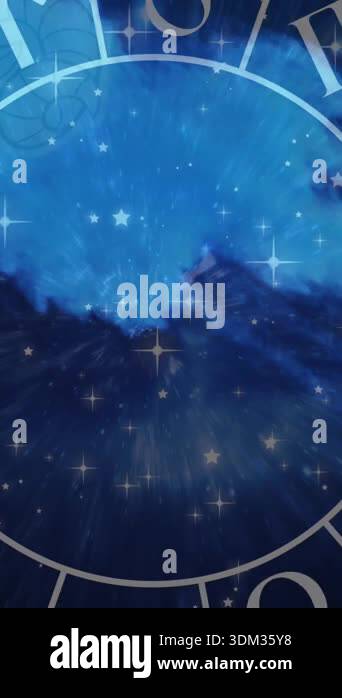Animation of horoscope symbols over stars on blue background. Horoscope ...