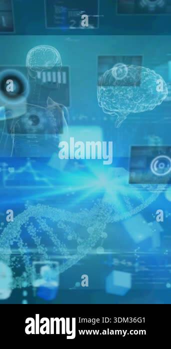Animation of biological data processing on blue digital screens. Data ...
