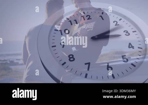 Musician strumming guitar, friend listening as clock overlay fading in ...