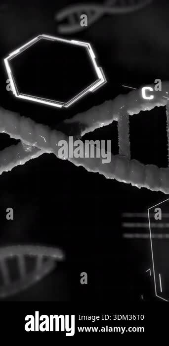 Animation of chemical formula and dna strand on black background ...