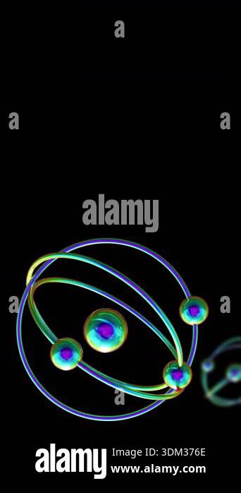 Animation of atom models spinning on black background. Global science ...