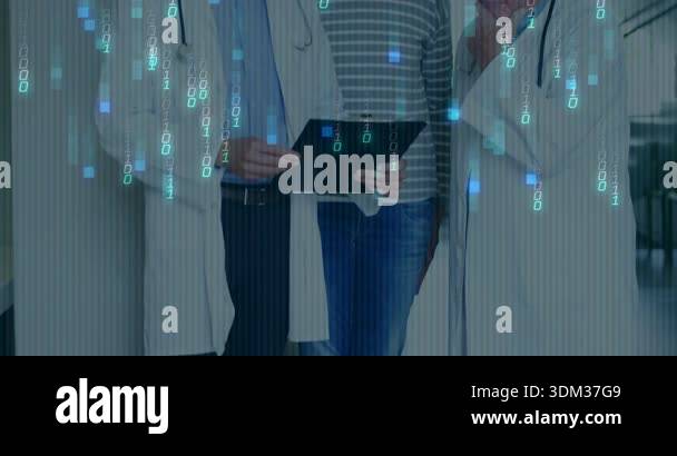 Binary code overlay shifting revealing doctors consulting patient ...
