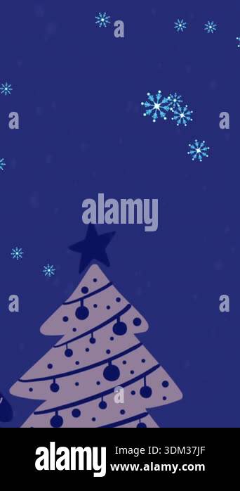 Animation of snow falling over christmas tree on blue background ...