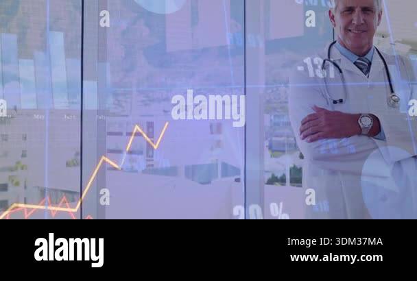 Medical doctor entering and observing digital line graphs rising ...