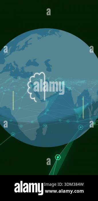 Animation of artificial intelligence data processing over globe. Global ...