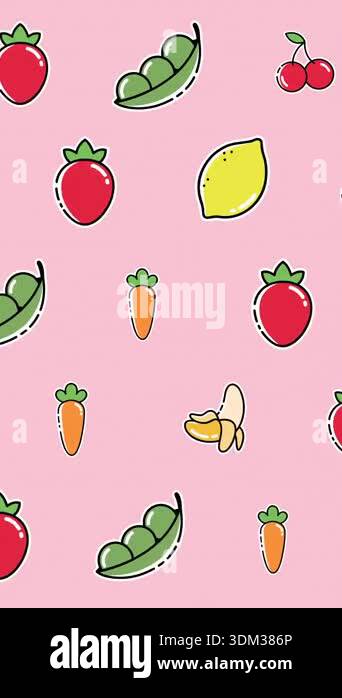 Animation of diverse cartoon food floating on pink background. cuisine ...
