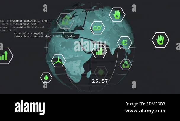 Code snippets fading, globe appearing, icons updating metrics, rotating ...