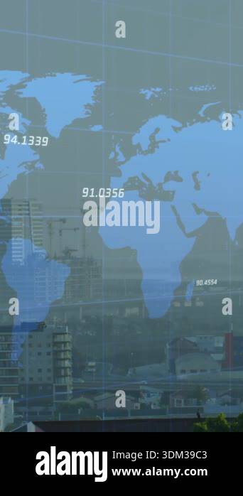 Animation of chart over map of world and cityscape. Global business, data processing and digital ...