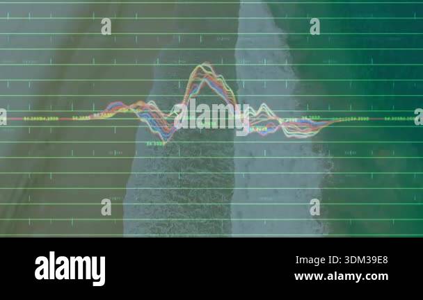 Multi-colored waveform graph generating waves over shore, shifting ...