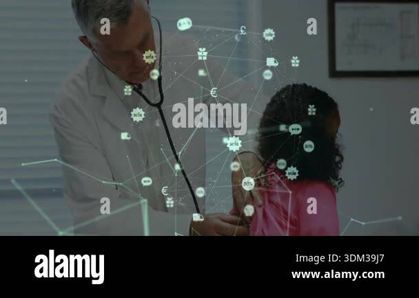 Medical doctor placing scope on girl's back and showing data overlay ...