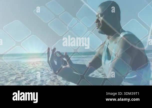 Wellness coach lifting gaze toward sunrise activating overlay squares ...