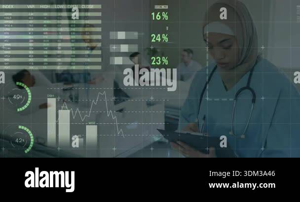 Medical doctor consulting clipboard and generating animated charts in ...