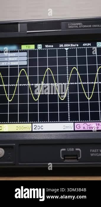 Close-up of a digital oscilloscope screen showing a yellow sine wave ...