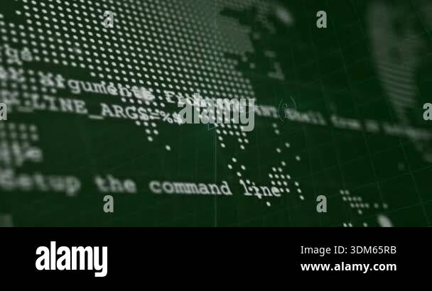 Green grid filling, dotted map fading, code scrolling, scan line ...