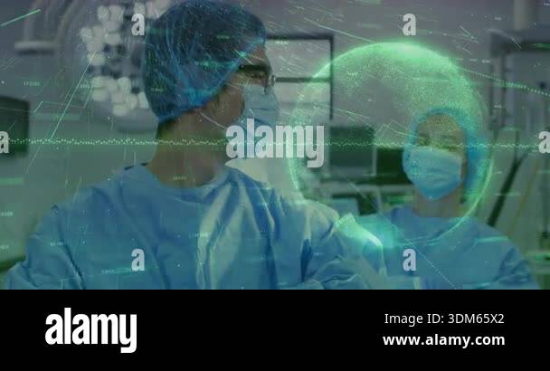 Surgeons exchanging glance while data overlay morphing into dynamic ECG ...